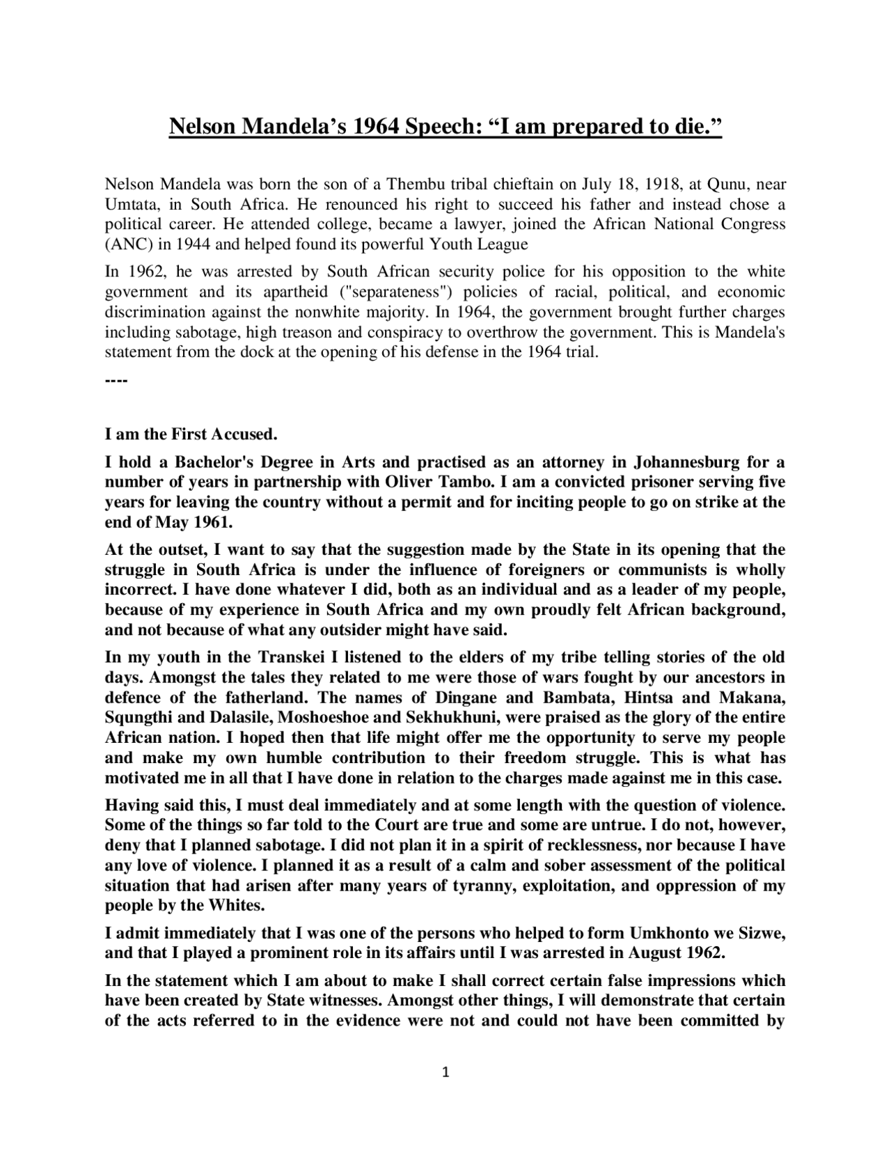 Nelson Mandela's 1964 Speech: “I am prepared to die.” | Study notes ...