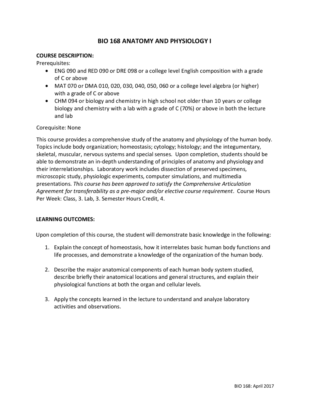 BIO 168 ANATOMY AND PHYSIOLOGY I Course Outline | Slides Anatomy | Docsity