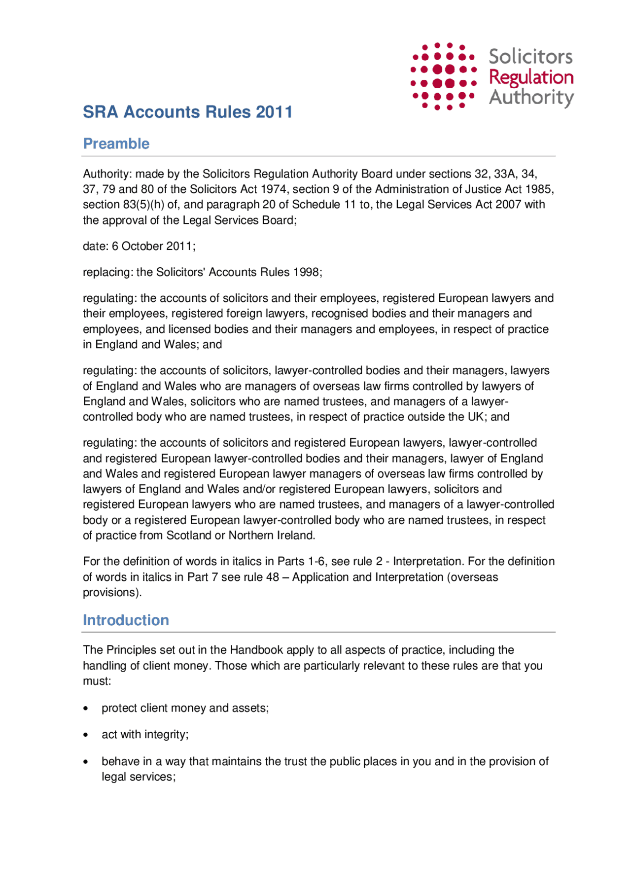 Annex 1: SRA Accounts Rules 2011 | Study notes Accounting | Docsity