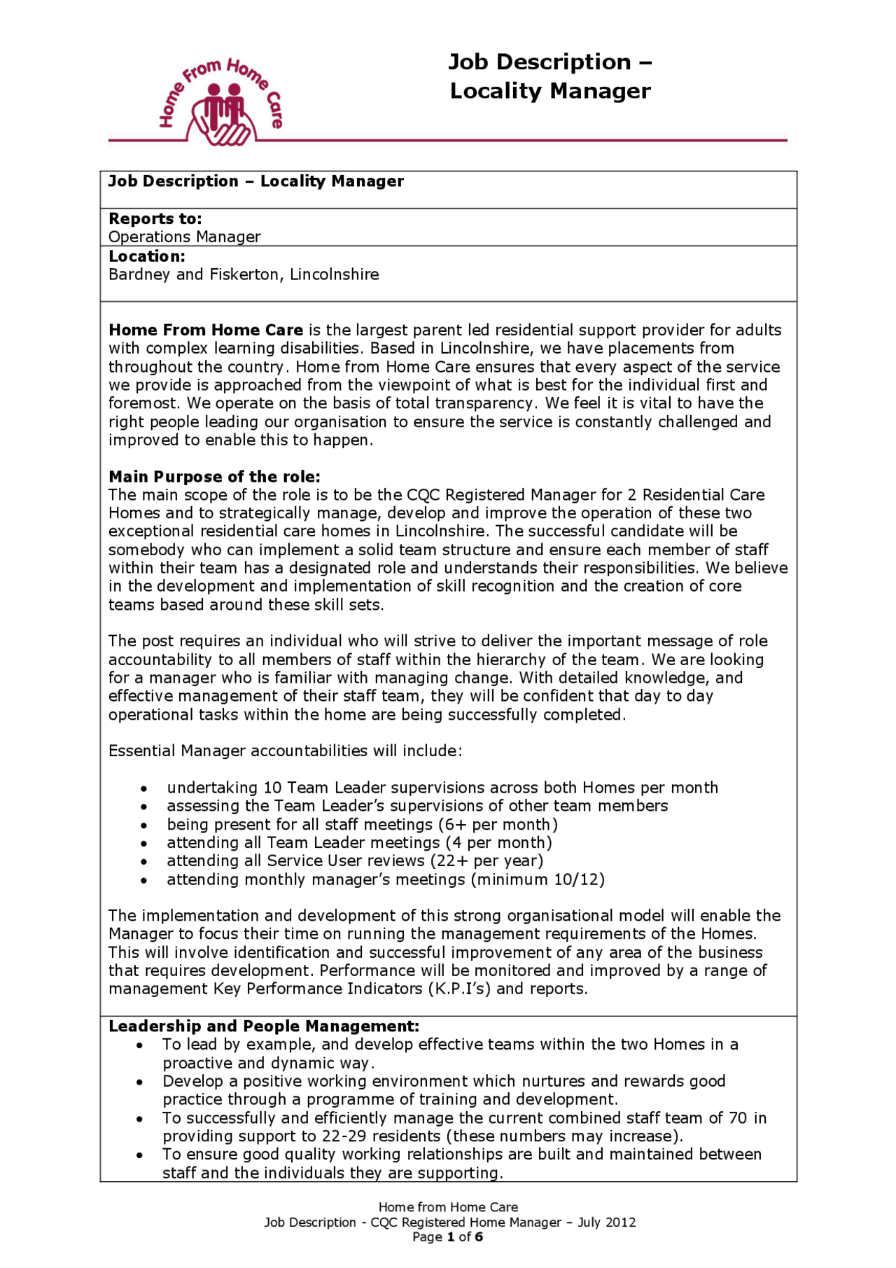 Job Description for CQC Registered Home Manager at Home from Home Care ...
