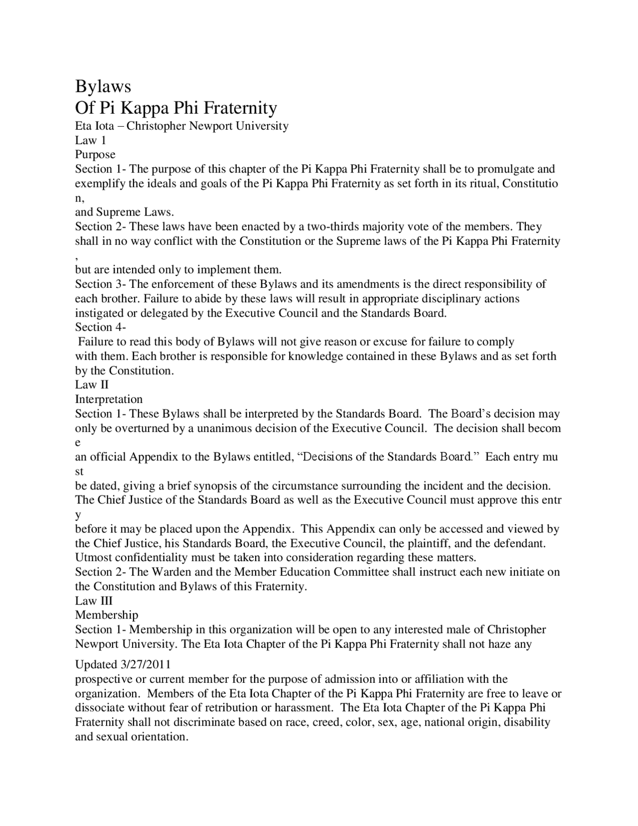 Bylaws Of Pi Kappa Phi Fraternity | Lecture notes Law | Docsity