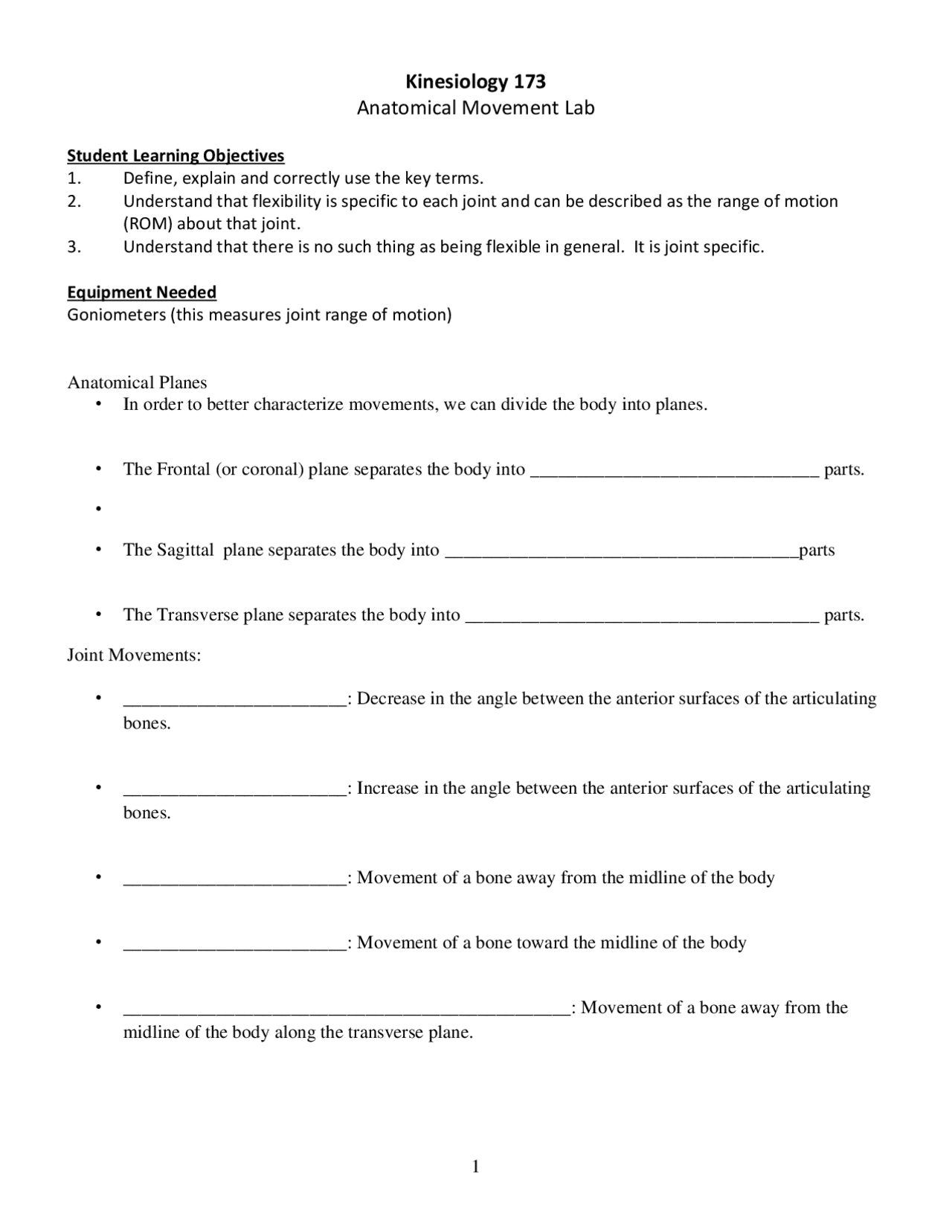 Kinesiology 173 Anatomical Movement Lab | Exams Kinesiology | Docsity