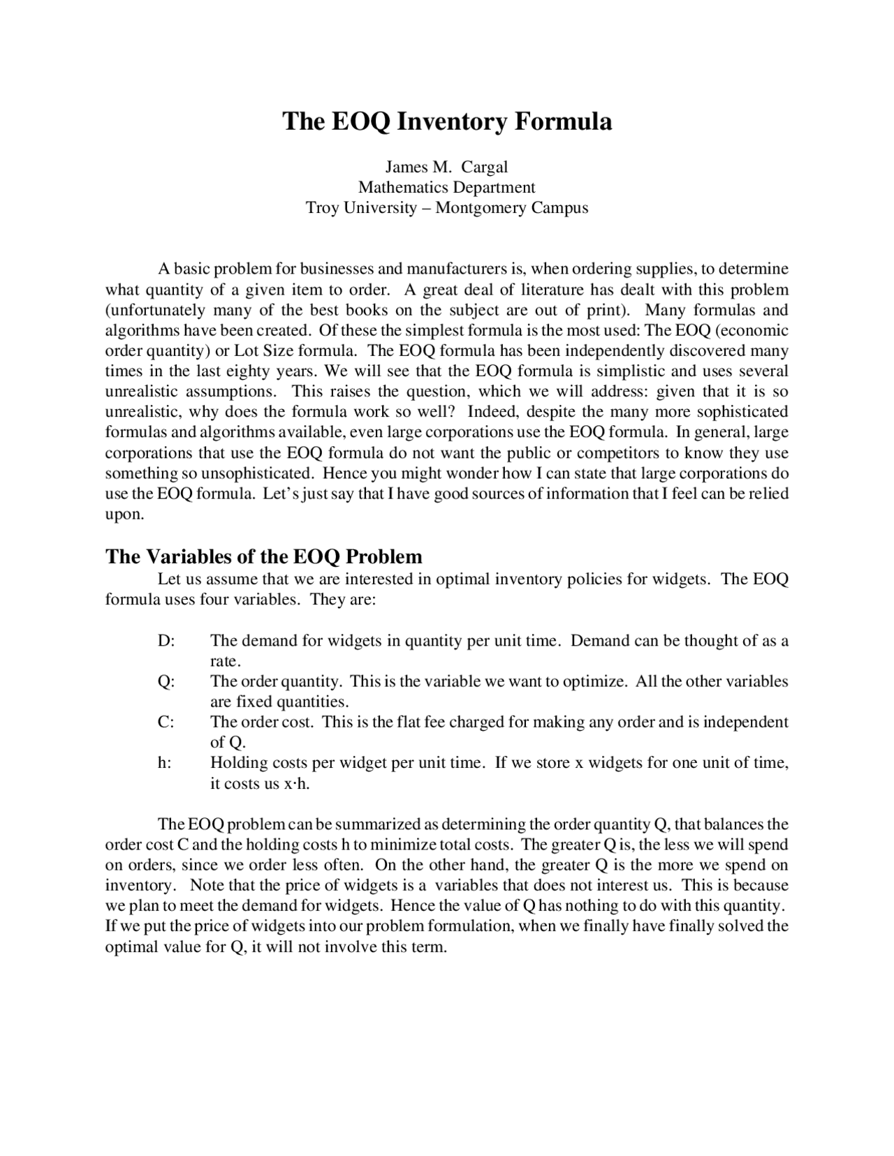 The Eoq Formulapdf Exercises Mathematics Docsity