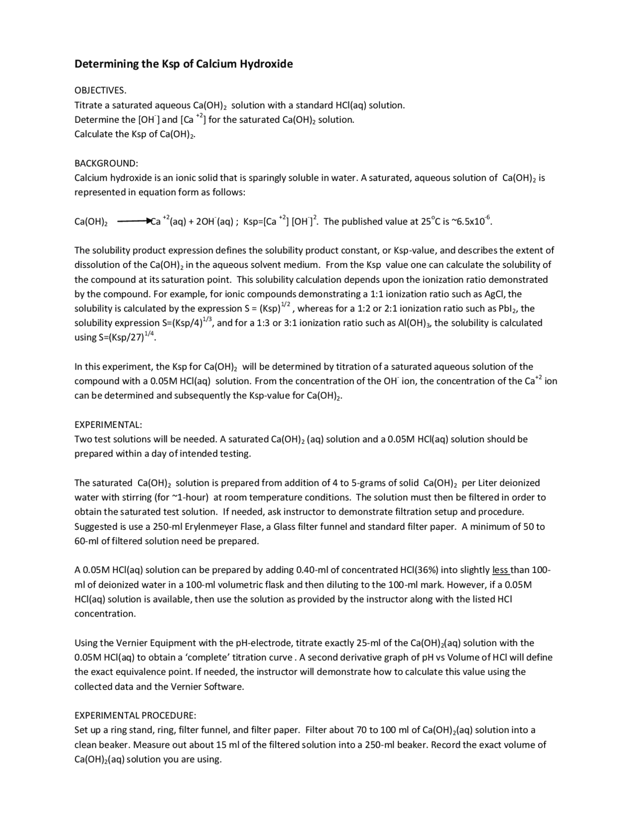 Determining the Ksp of Calcium Hydroxide | Schemes and Mind Maps Chemistry | Docsity