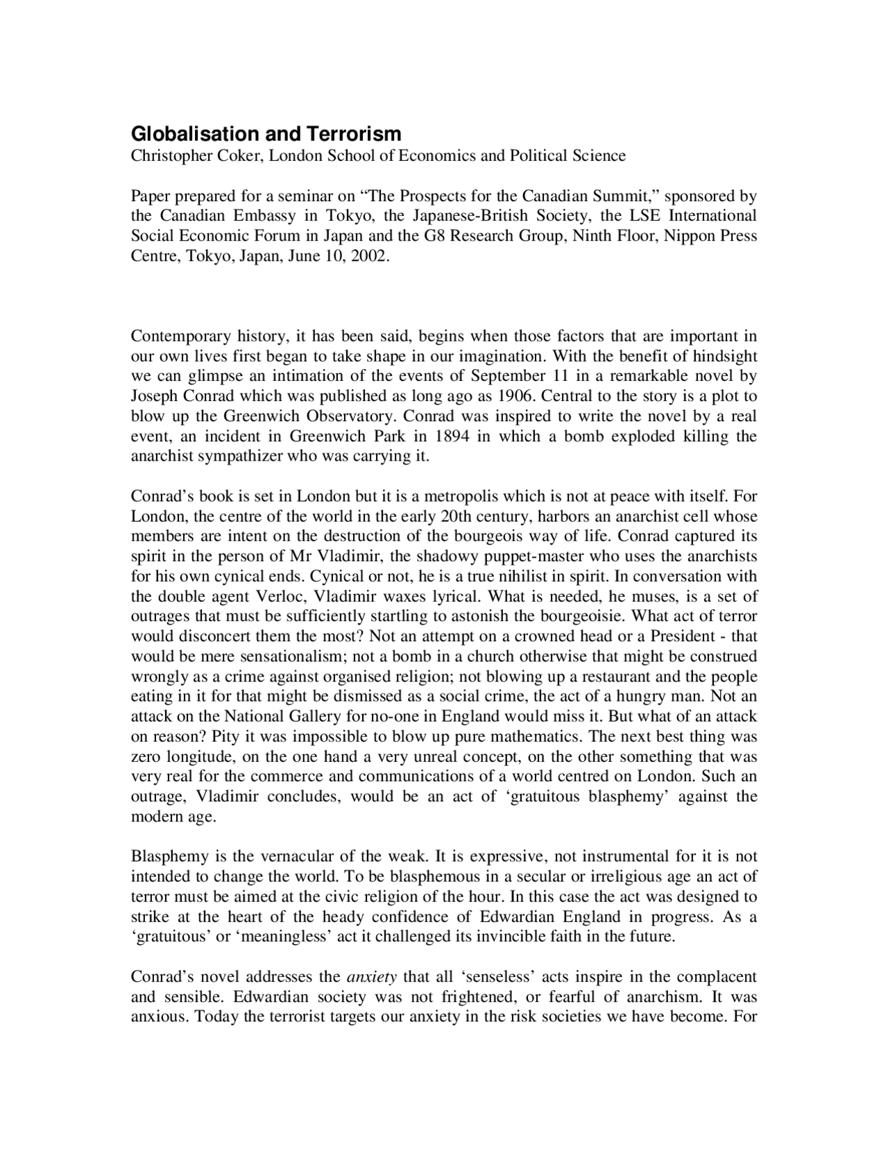 Globalisation and Terrorism | Exams Economics | Docsity