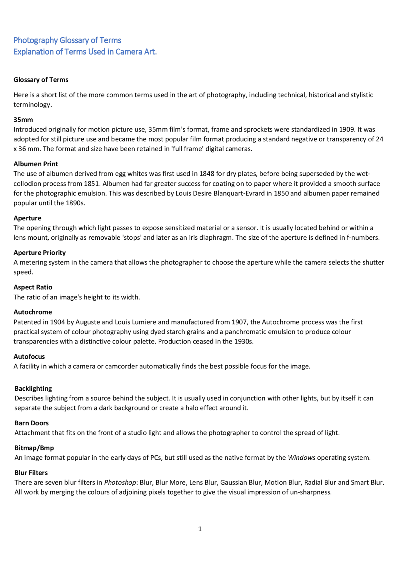 Photography Glossary of Terms Explanation of Terms Used in ... | Study ...