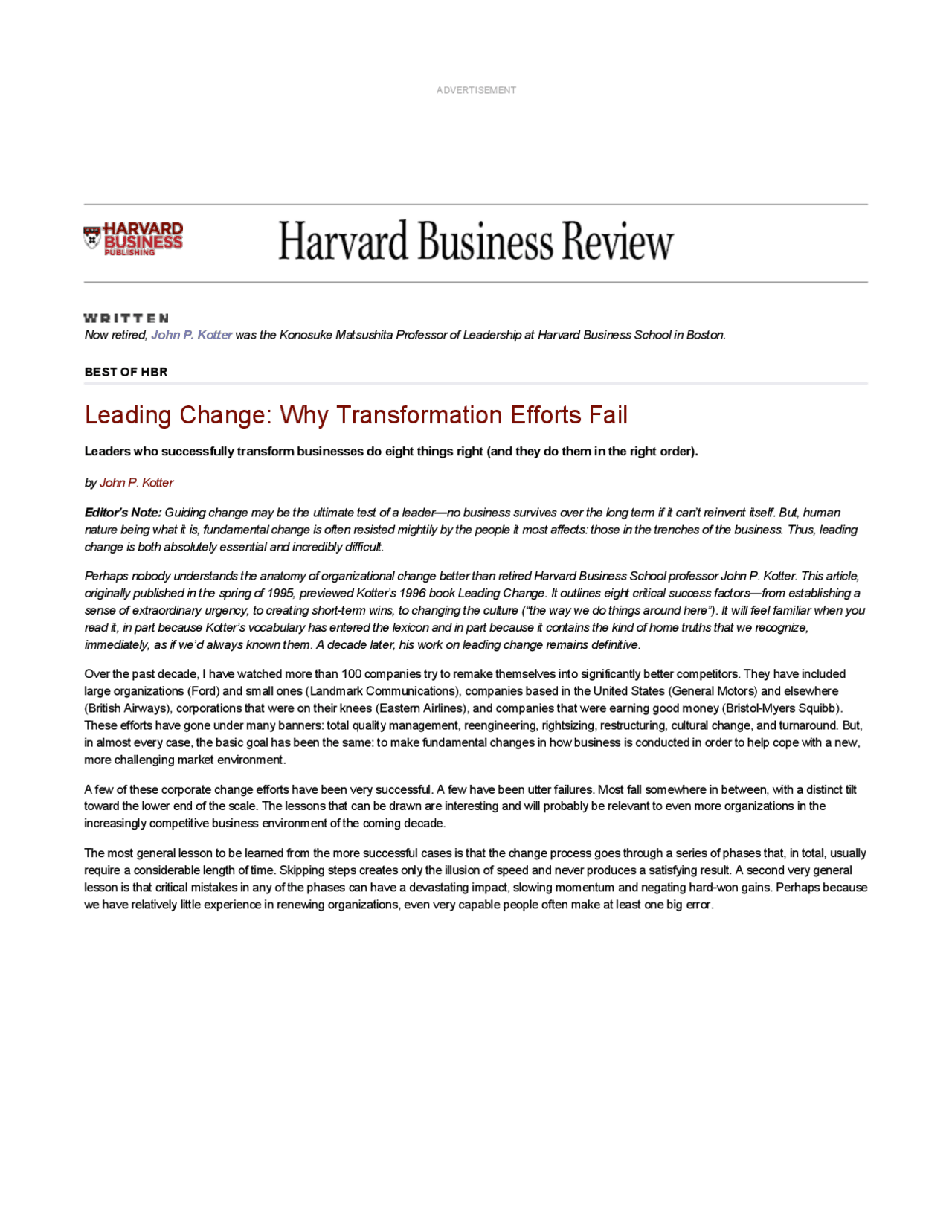 Leading Change: Why Transformation Efforts Fail (HBR Classic) | Lecture ...