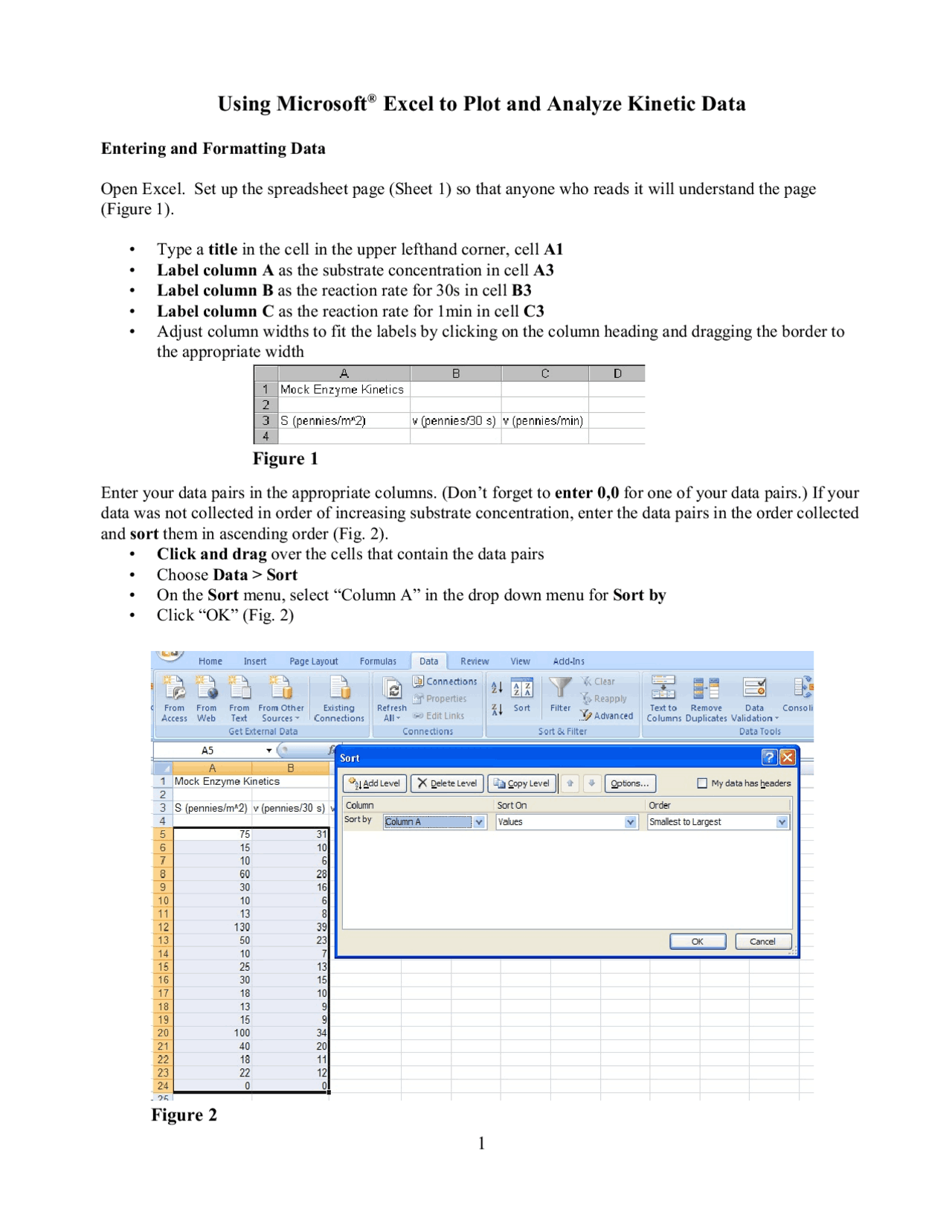 Using Microsoft Excel to Analyze Kinetic Data: Setting Up, Sorting, and ...