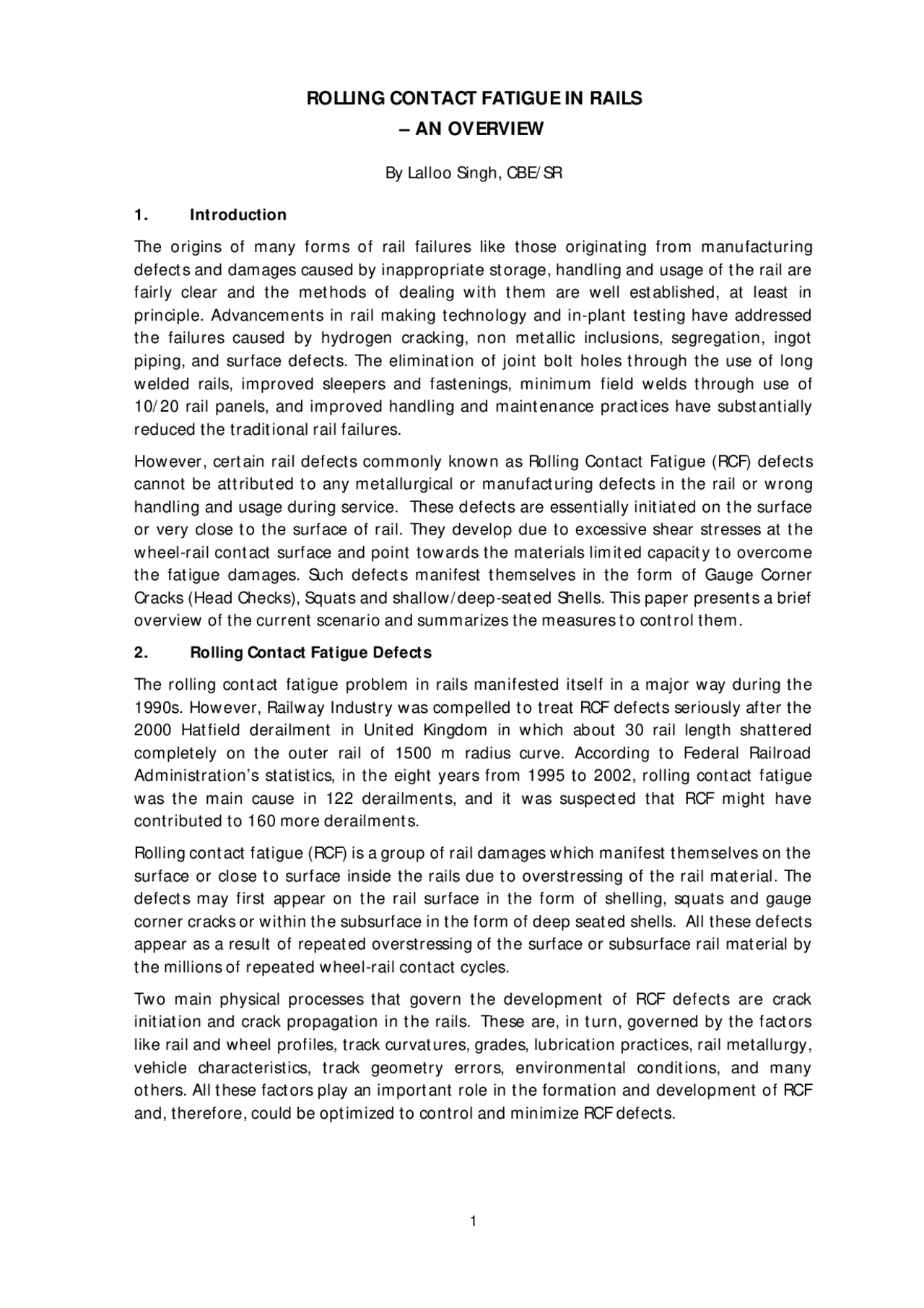 Rolling Contact Fatigue In Rails An Overview Lecture Notes Geometry Docsity