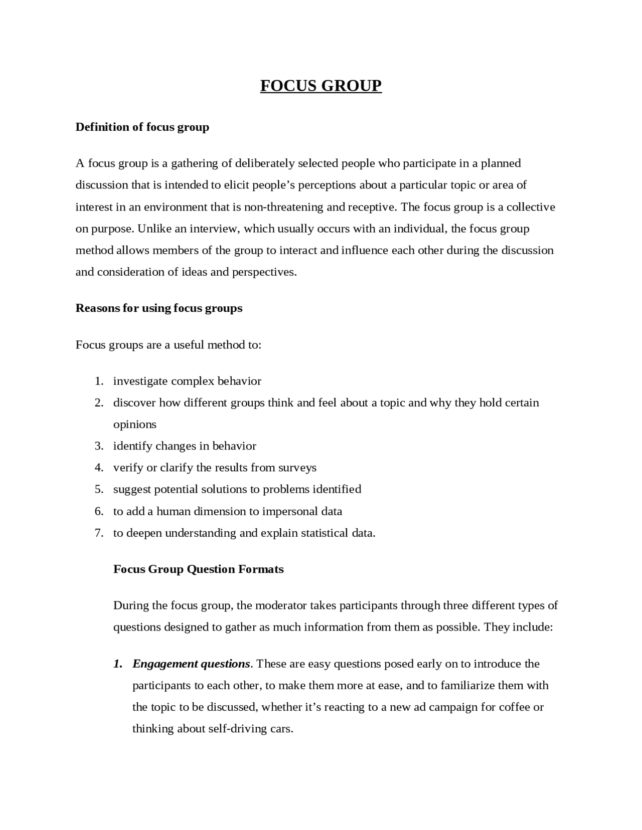 Focus group in psychology | Cheat Sheet Psychology | Docsity