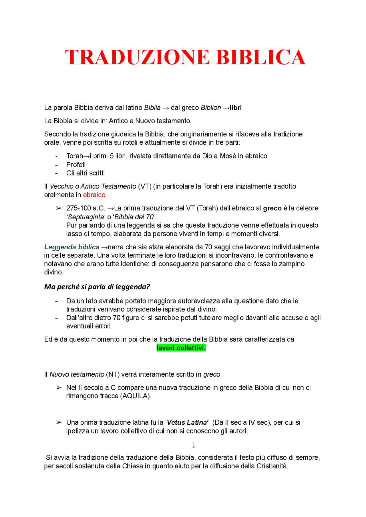 Traduzione Biblica e Leggenda Biblica | Appunti di Storia delle ...