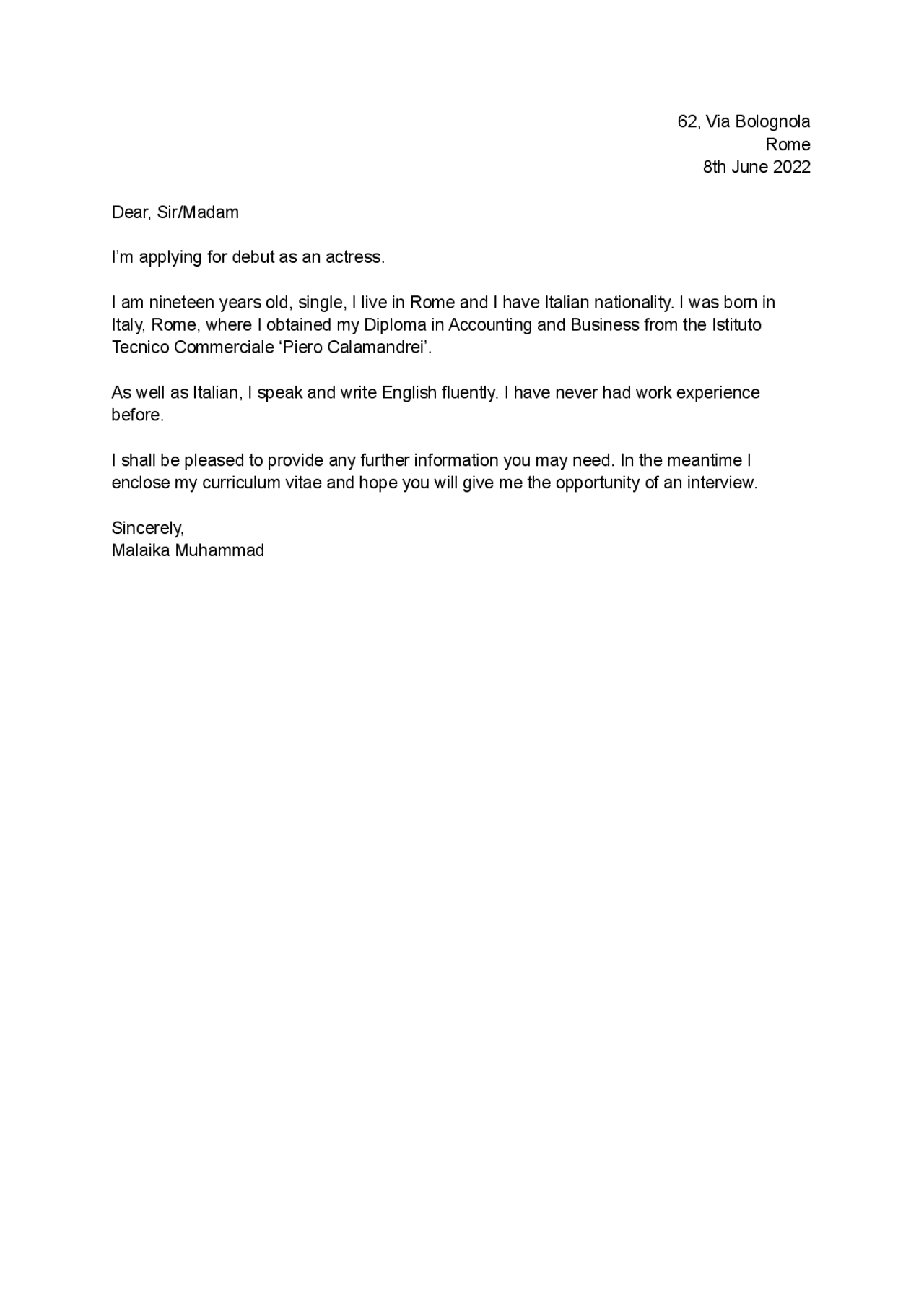Application letter for Curriculum | Esercizi di Inglese | Docsity
