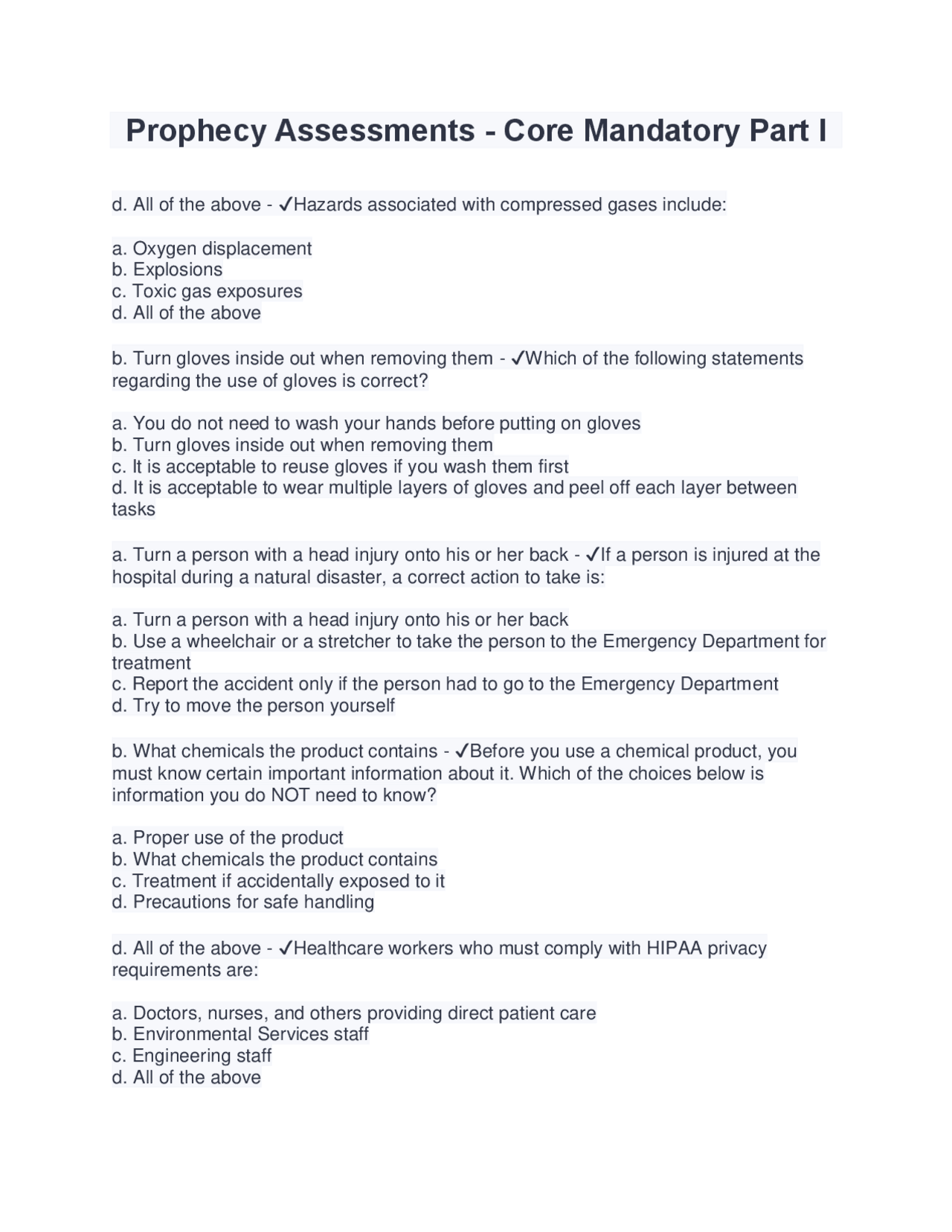 Prophecy Assessments Core Mandatory Part I Exams Nursing Docsity