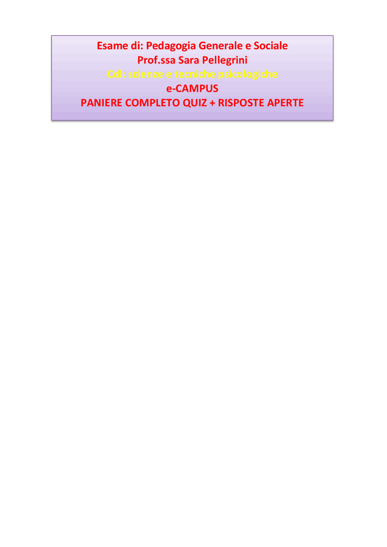 Pedagogia Generale E Sociale Prof Pellegrini Paniere Completo Quiz