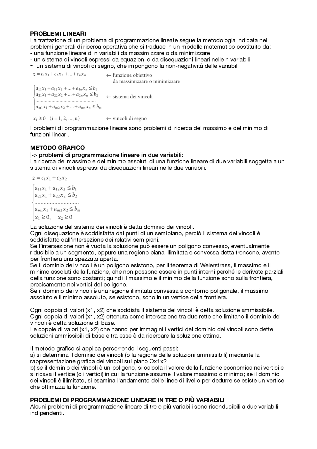 Programmazione Lineare | Appunti di Matematica | Docsity