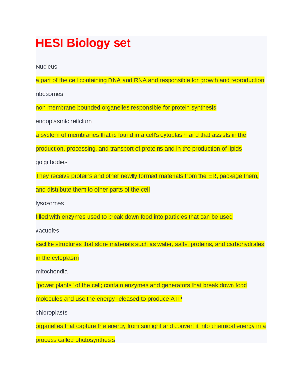 HESI Biology set;HESI Biology set | Exams Nursing | Docsity