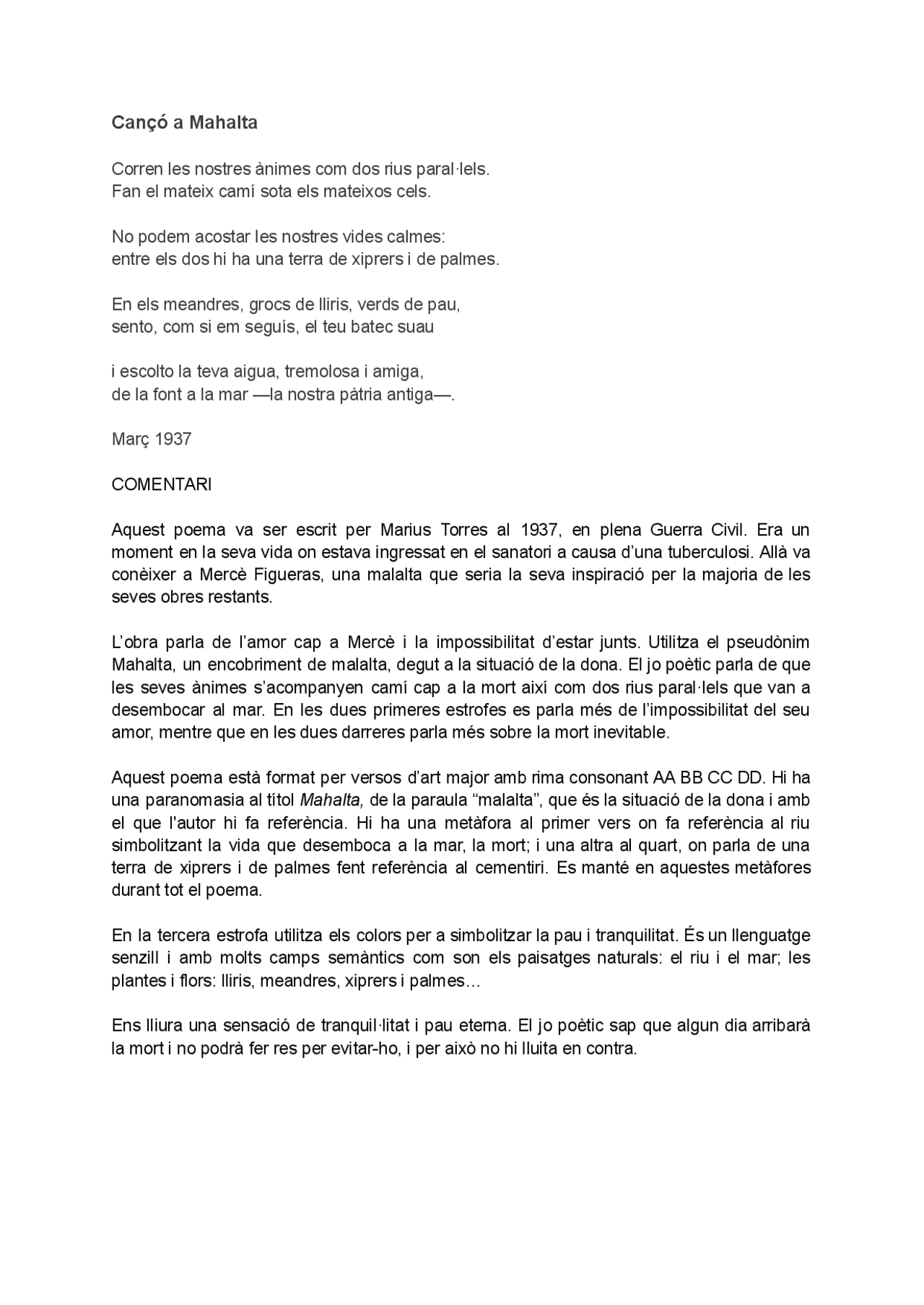 Comentari De Text Cançó A Mahalta Resúmenes De Literatura Universal