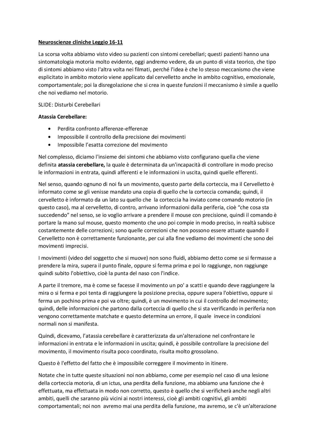 Appunti Slide Cervelletto Appunti Di Neuroscienze Cognitive Docsity