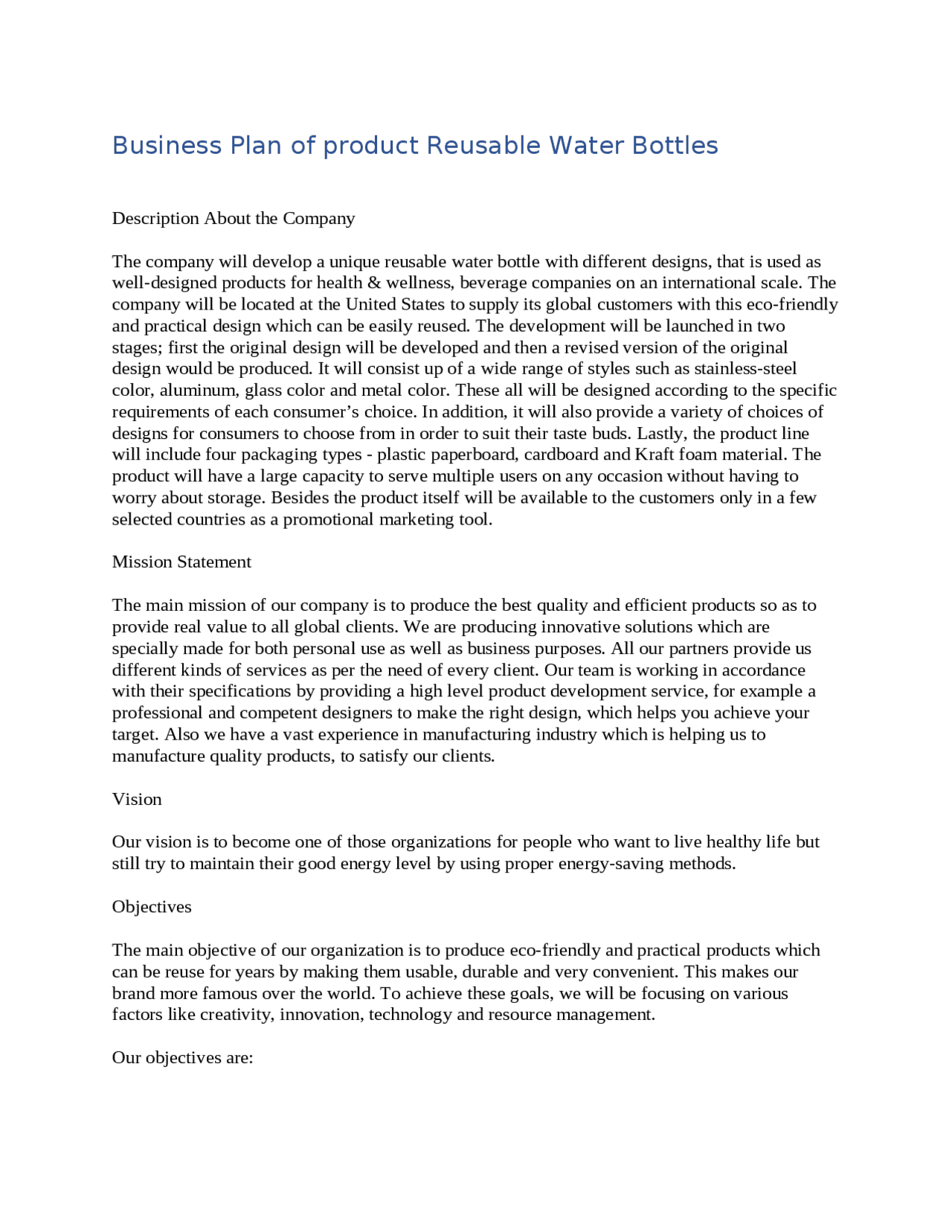 Business Plan of product Reusable Water Bottles | Assignments ...
