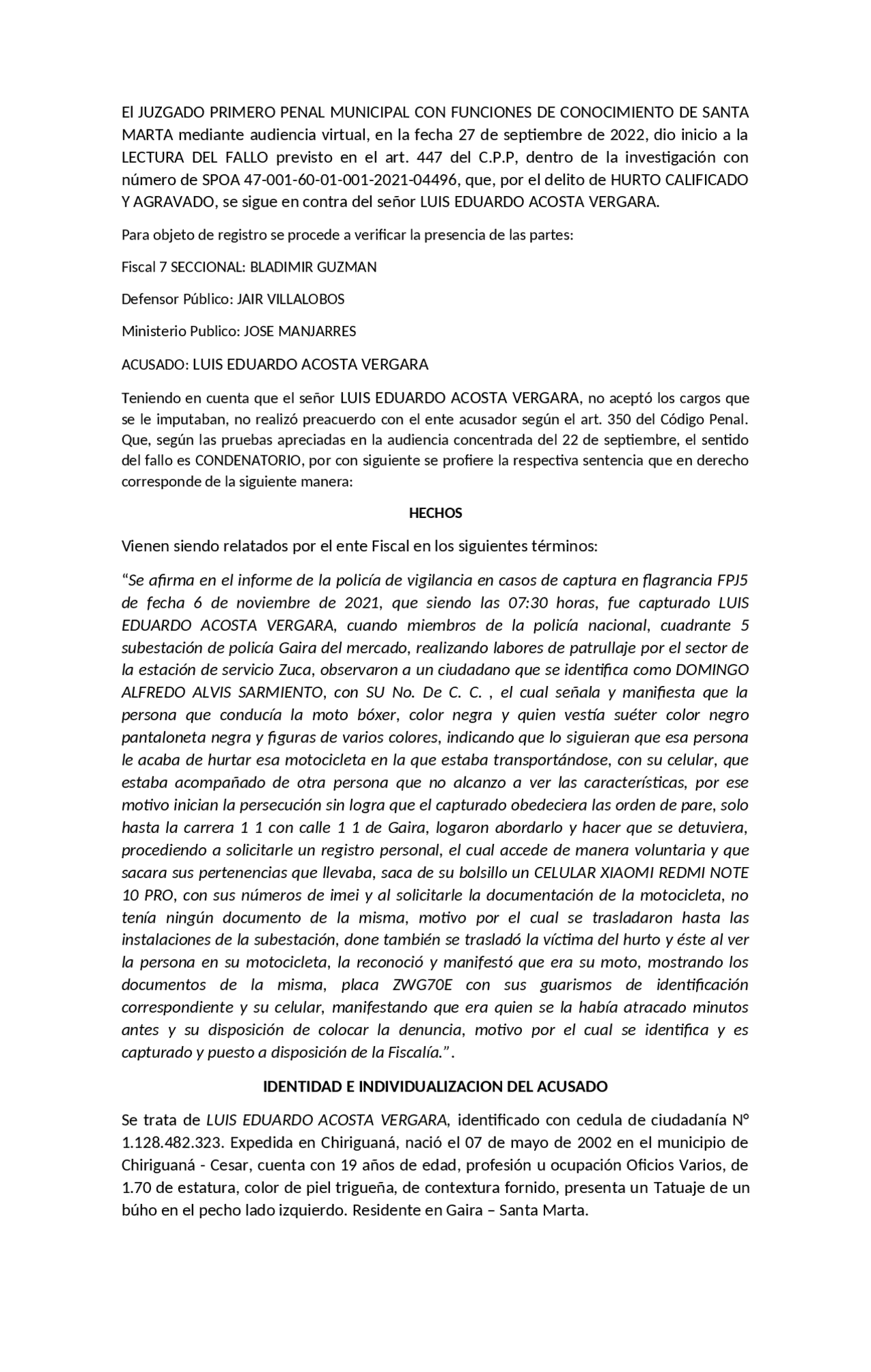 Sentencia Condenatoria Tesis De Derecho Docsity
