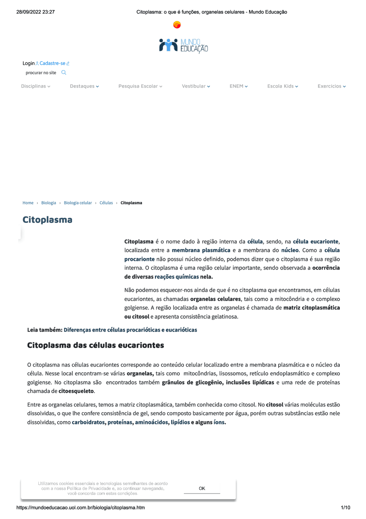 CITOPLASMA BIOLOGIA RESUMO | Resumos Biologia | Docsity