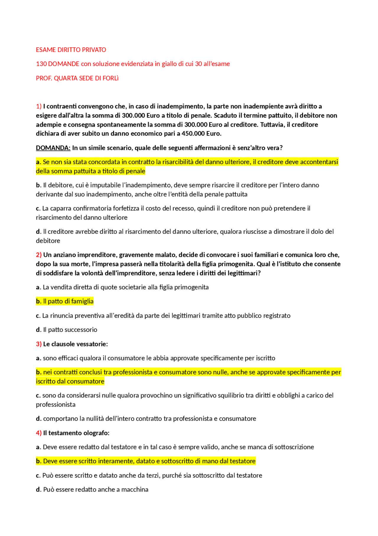 Soluzioni Esame Diritto Privato Prove Desame Di Diritto Privato