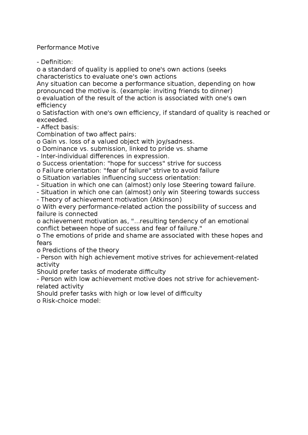 Performance Motive Notes Notes Psychologie Docsity