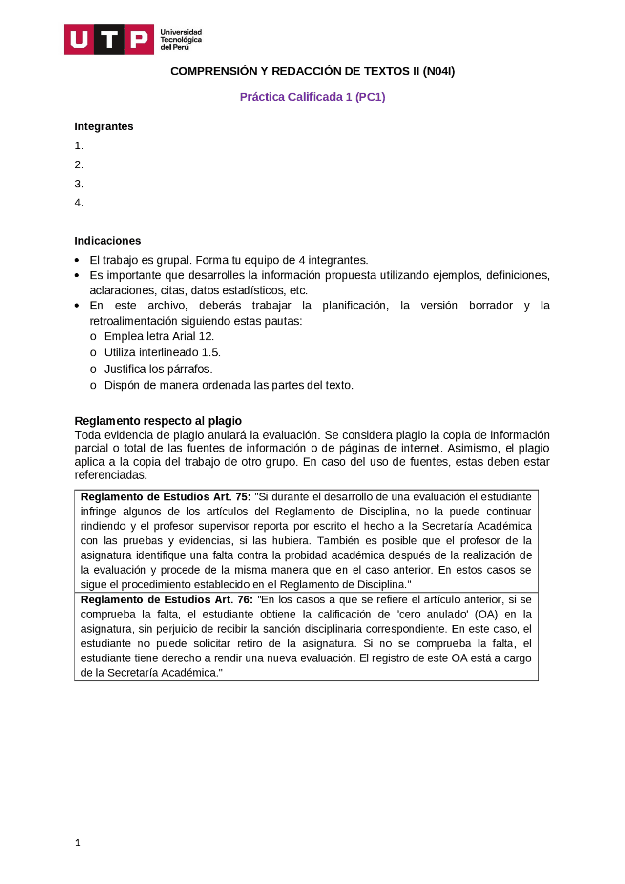 ComprensiÓn Y RedacciÓn De Textos Ii N04i Práctica Calificada 1 Pc1