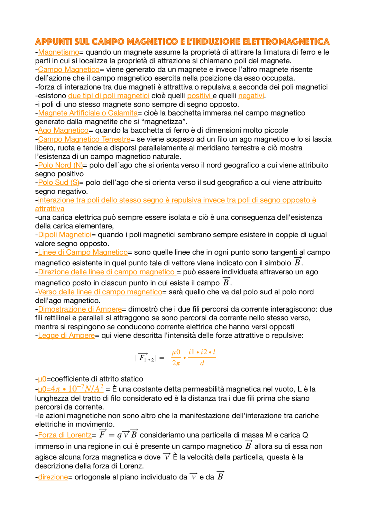 Induzione elettromagnetica e campo magnetico definizioni | Appunti di Fisica | Docsity