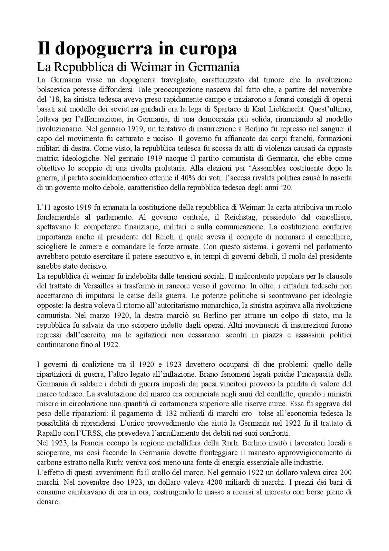 Riassunto De Il Primo Dopoguerra Appunti Di Storia Docsity