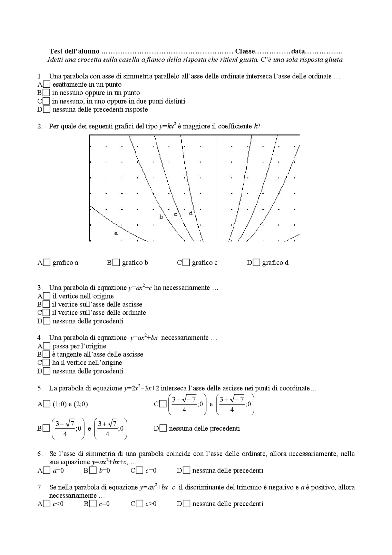 La parabola TEST a crocette | Temi di Matematica | Docsity