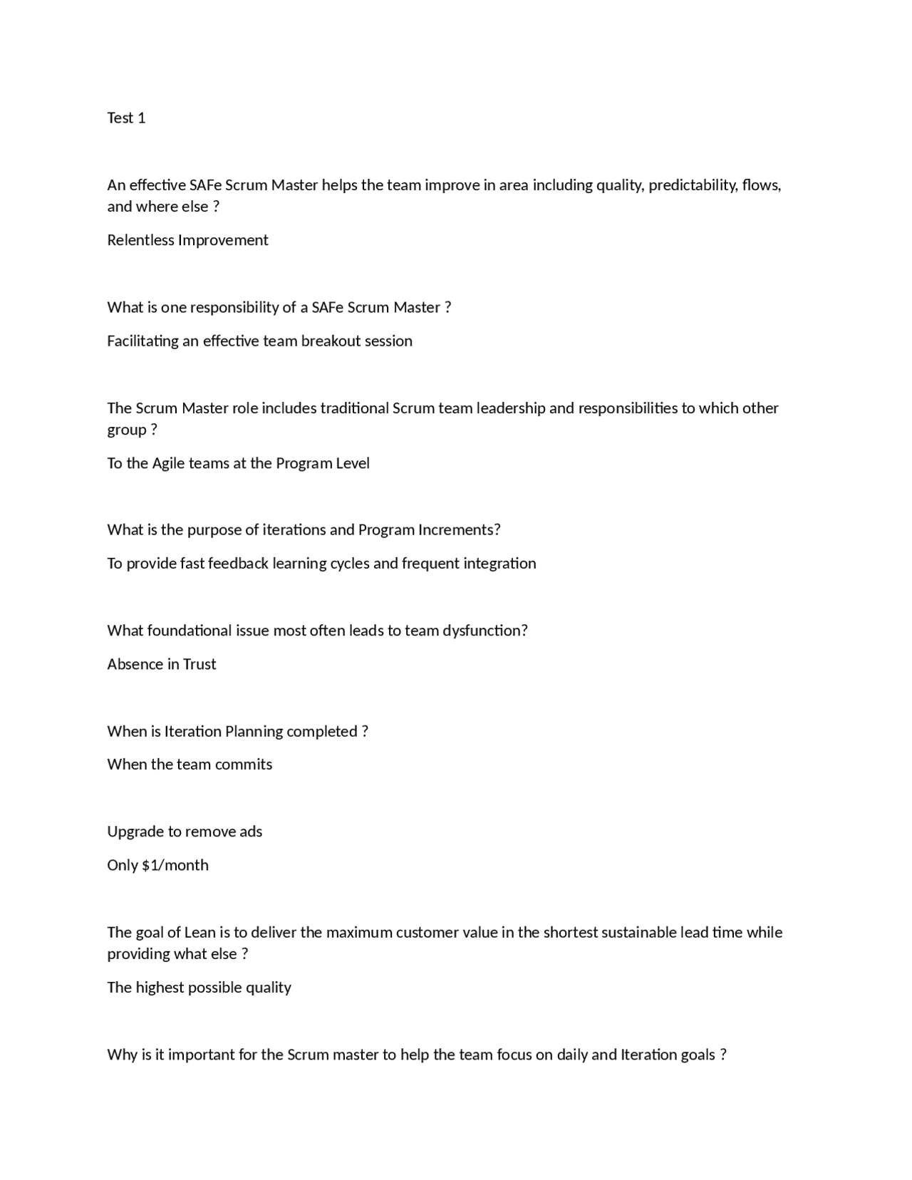 SAFe Scrum Master v5 QA | Exams Nursing | Docsity