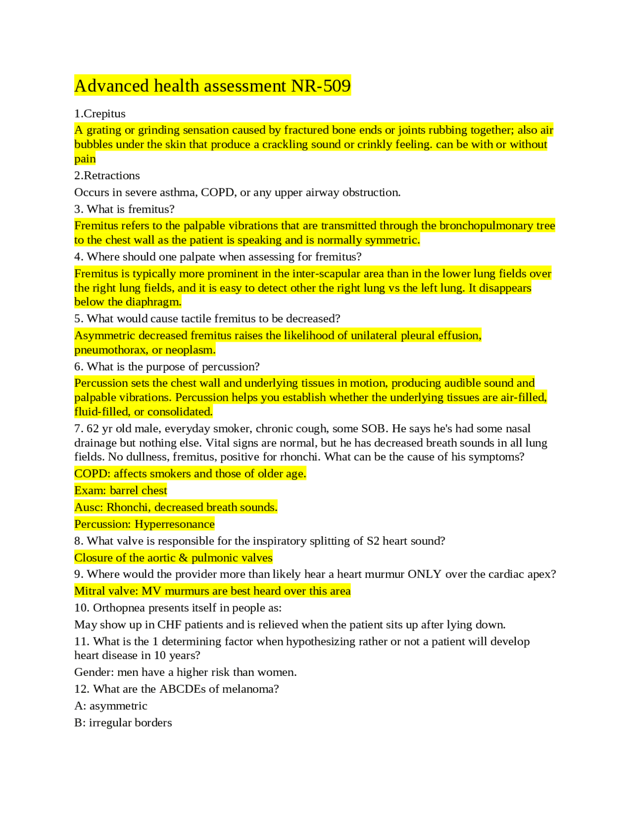 Advanced health assessment NR-509 | Exams Nursing | Docsity