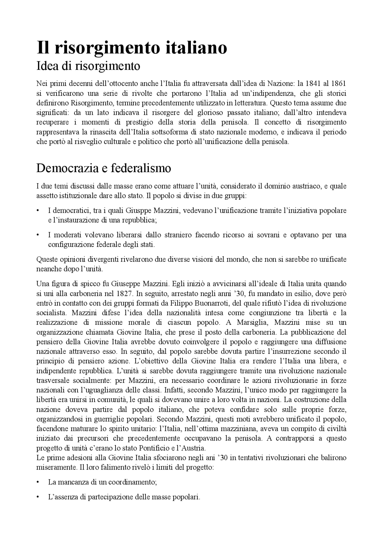 Riassunto de "il risorgimento italiano" | Appunti di Storia | Docsity