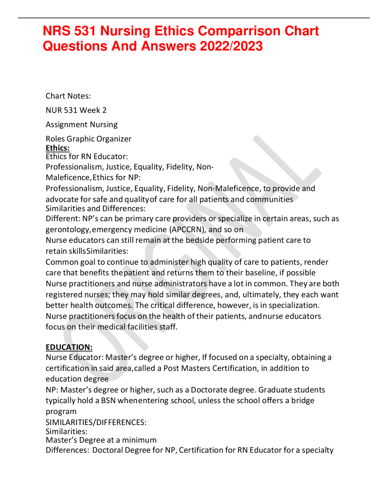 Nrs 531 Nursing Ethics Comparrison Chart Correct Questions And Answers
