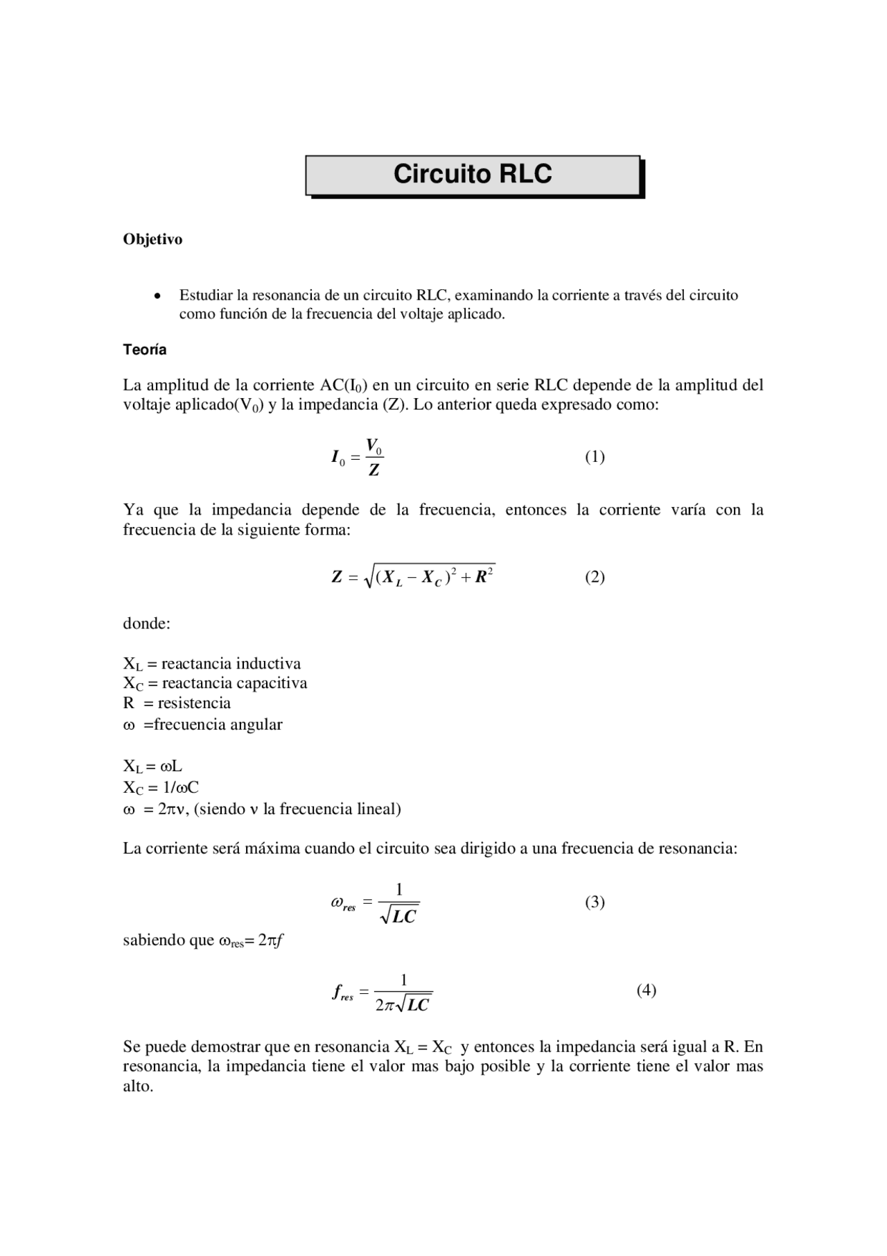 Circuito RCL. Fisica. Material | Apuntes de Física | Docsity