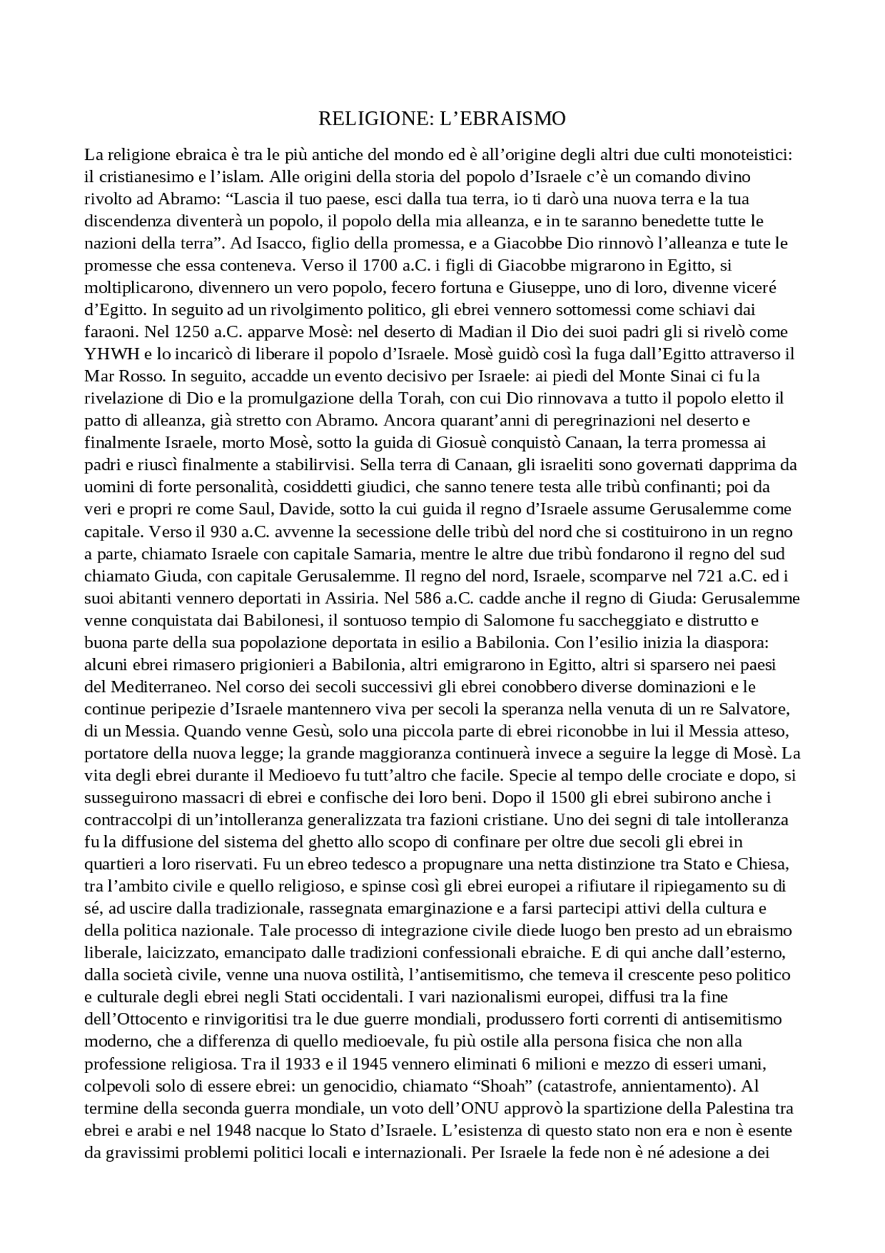 RELIGIONE: L’EBRAISMO | Appunti di Religione | Docsity