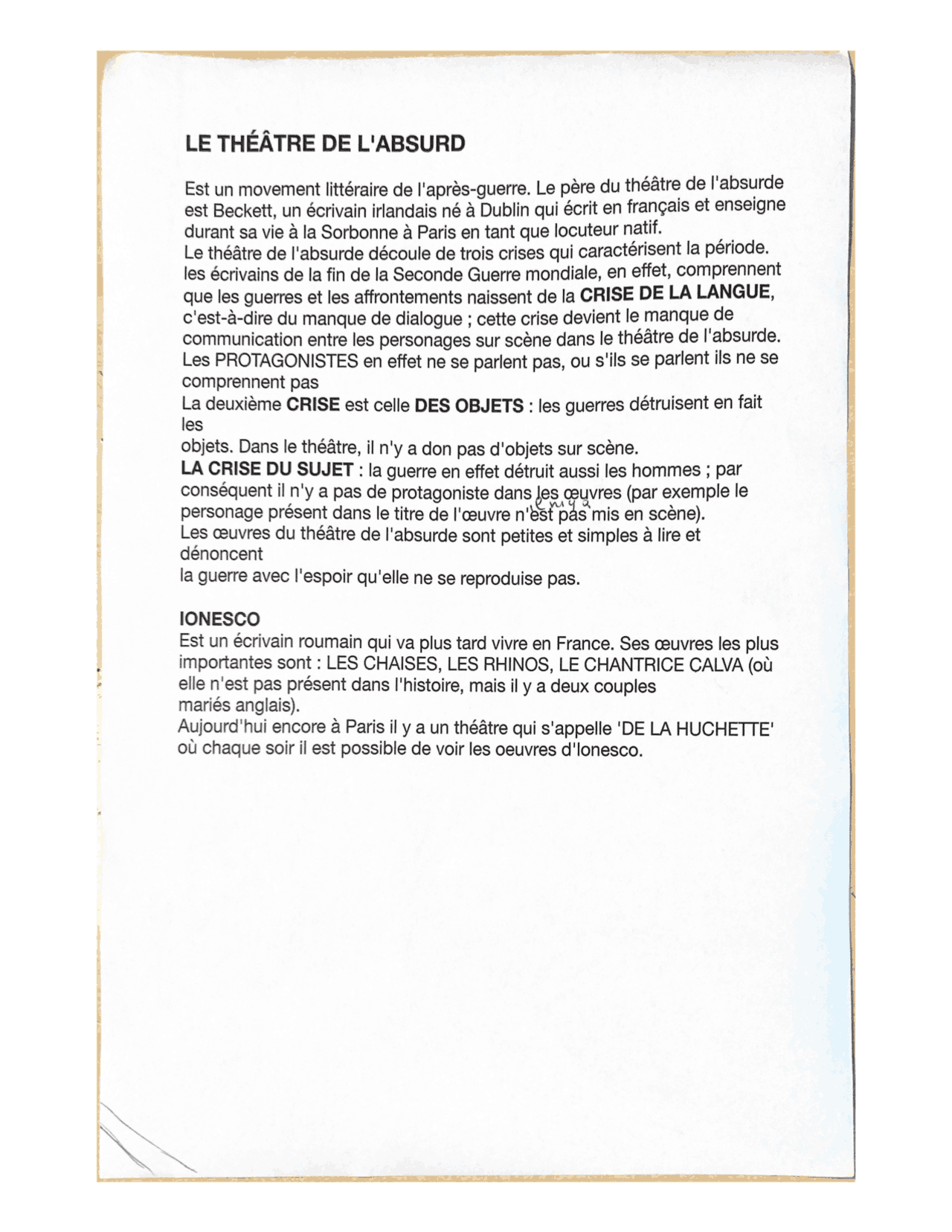 Teatro Dellassurdo In Francese Appunti Di Francese Docsity