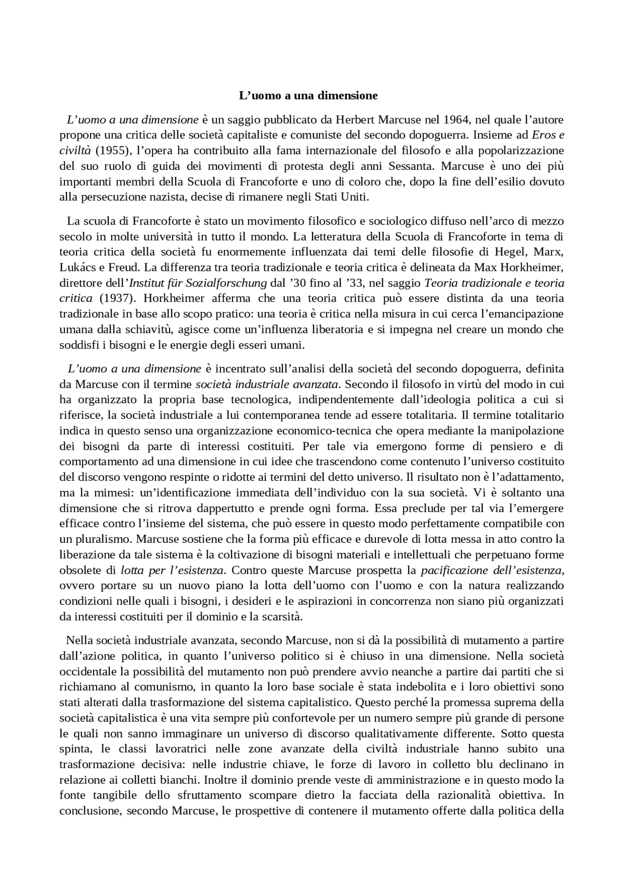 Riassunto Di Luomo A Una Dimensione Di Marcuse Sintesi Del Corso