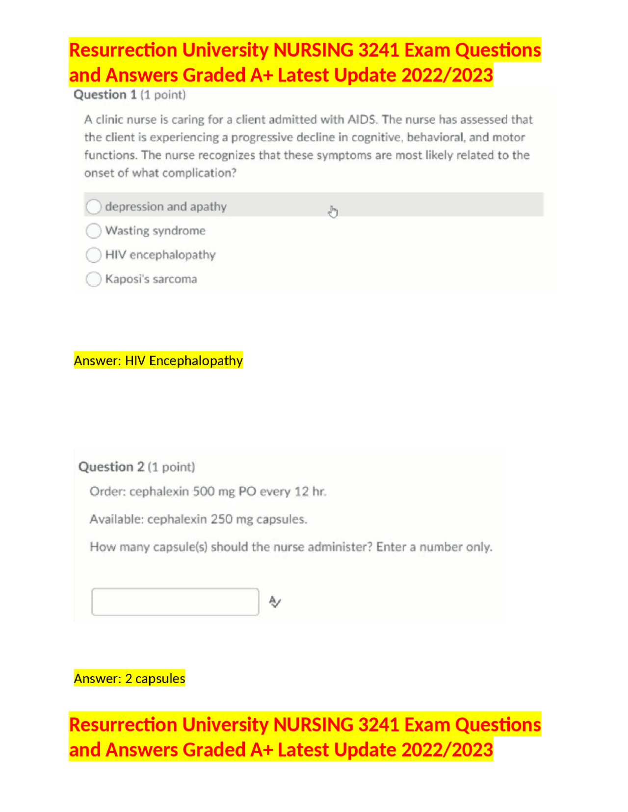 Resurrection University NURSING 3241 Exam Questions and Answers Graded ...