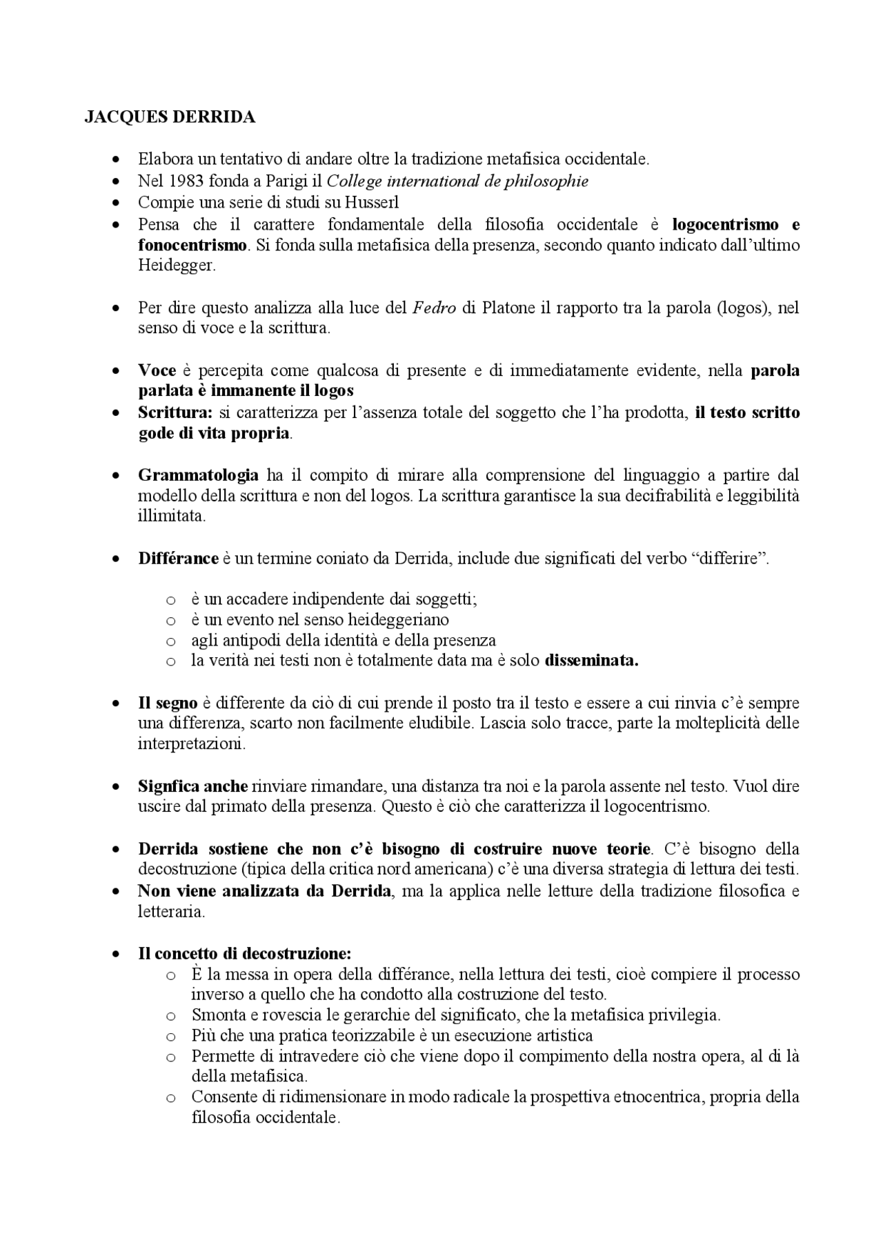 Schema Su Derrida E I Principali Concetti Schemi E Mappe Concettuali
