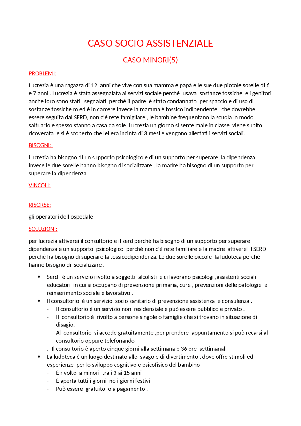 CASO SOCIO ASSISTENZIALE | Schemi e mappe concettuali di Metodologie ...