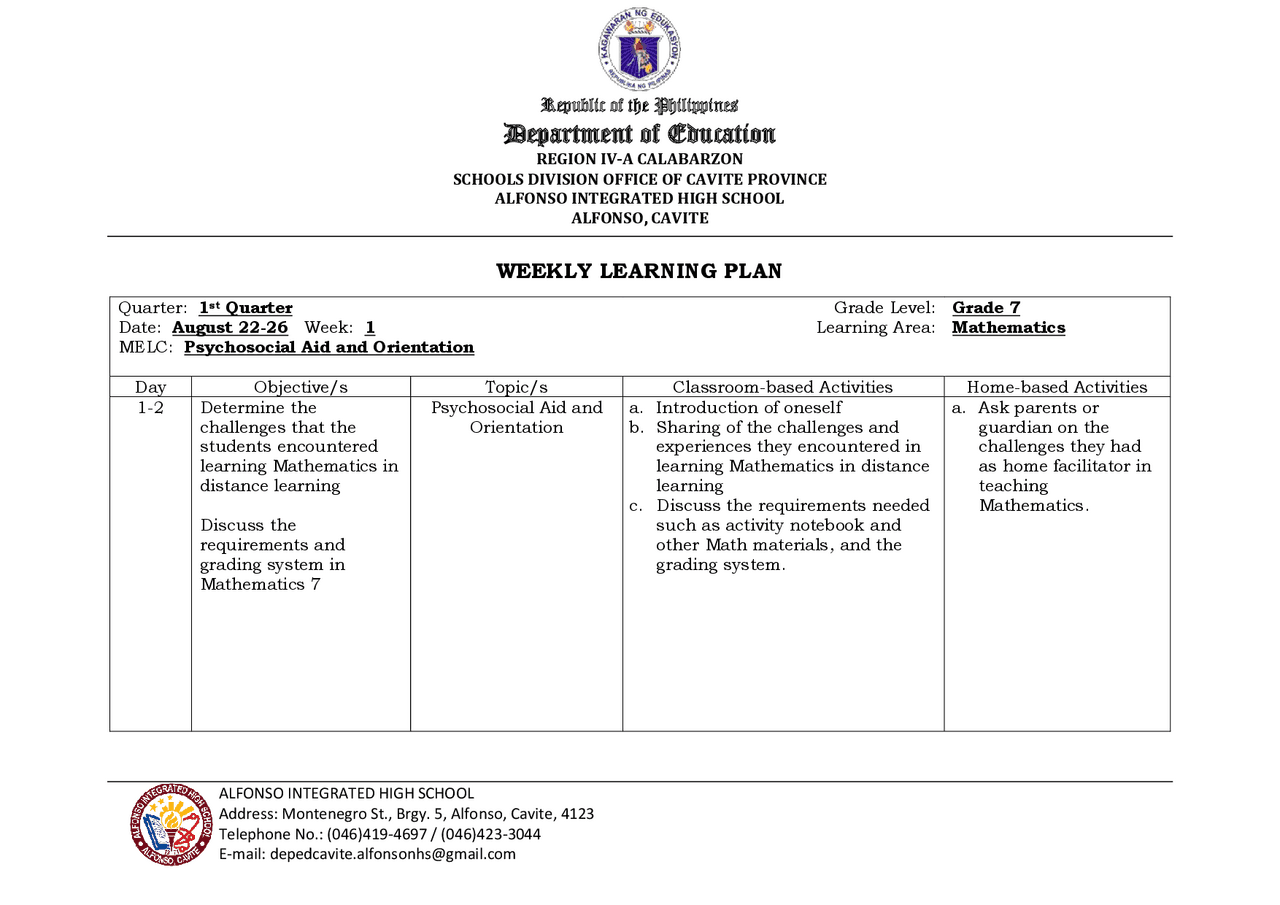 Daily Lesson Log In Pre Calculus Lecture Notes Mathematics Docsity