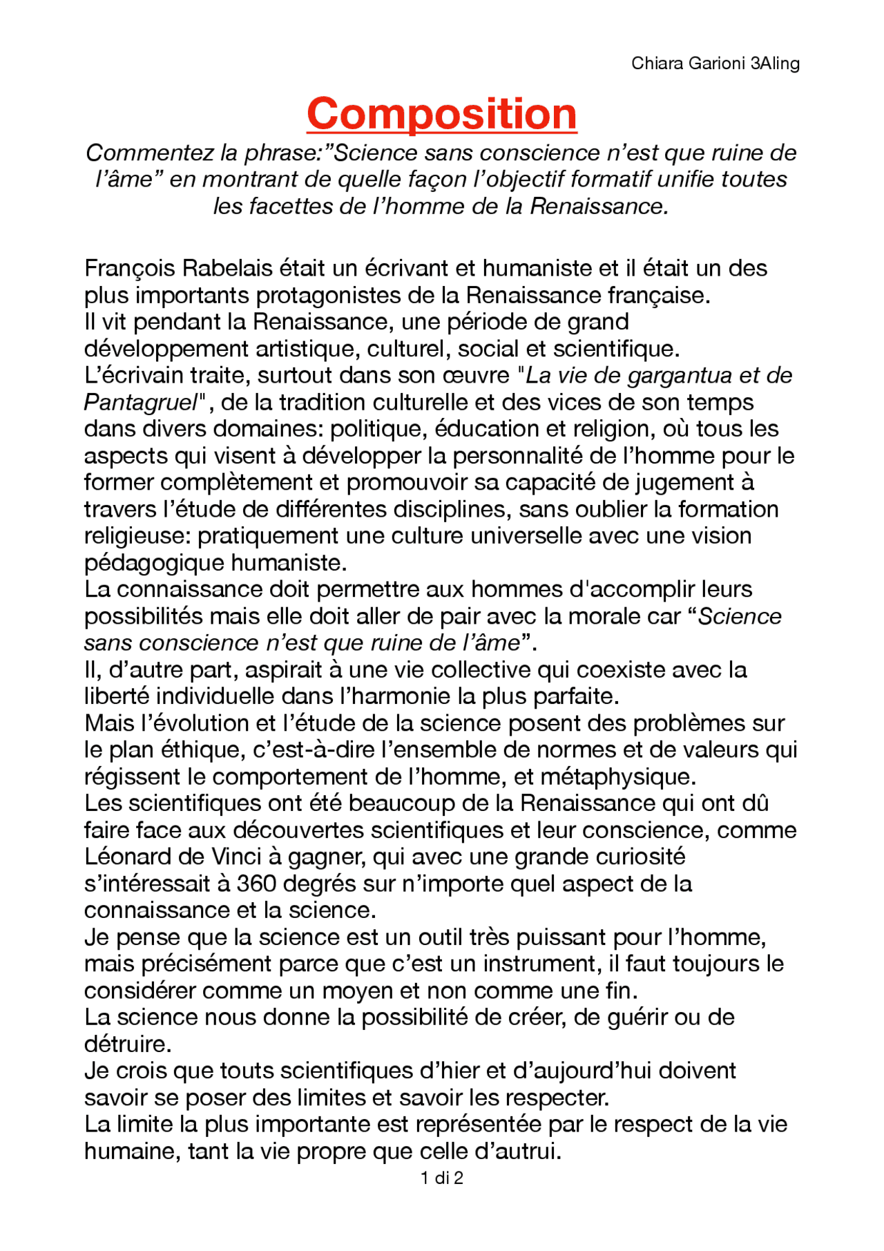 Composition en Français | Esercizi di Francese | Docsity