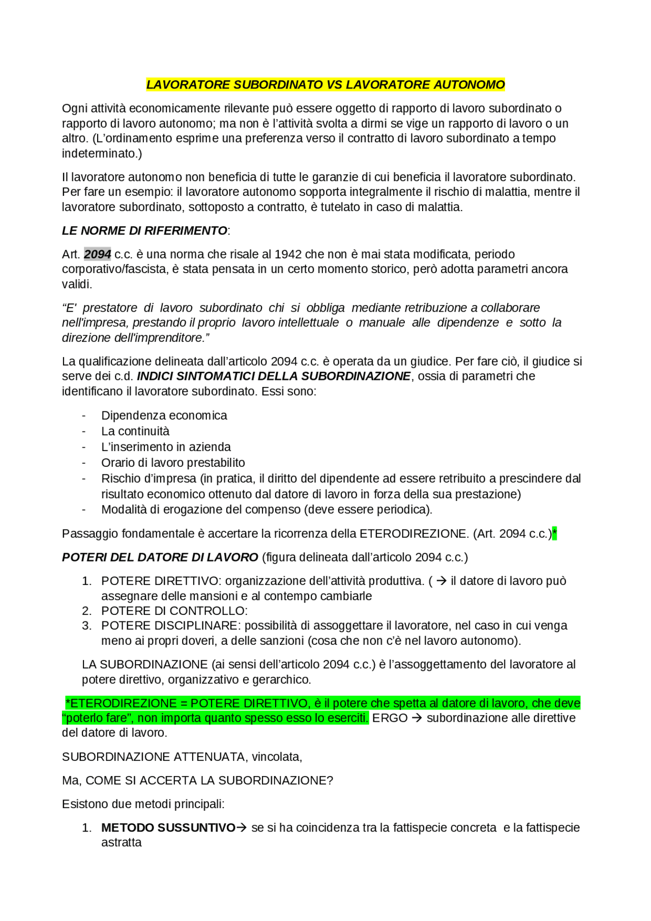 Autonomia Vs Subordinazione Appunti Di Diritto Del Lavoro Docsity