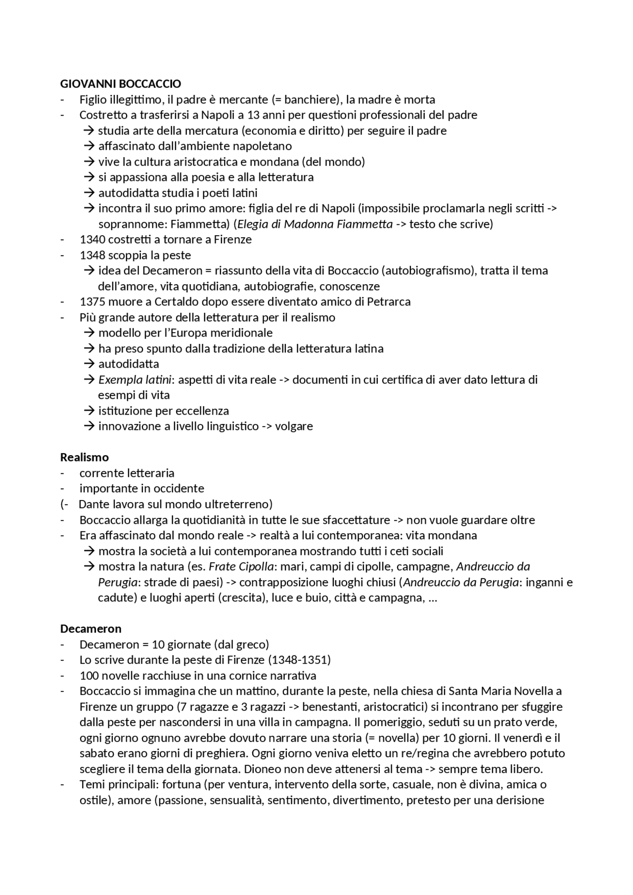 Giovanni Boccaccio E Il Decameron Summaries Italian Docsity