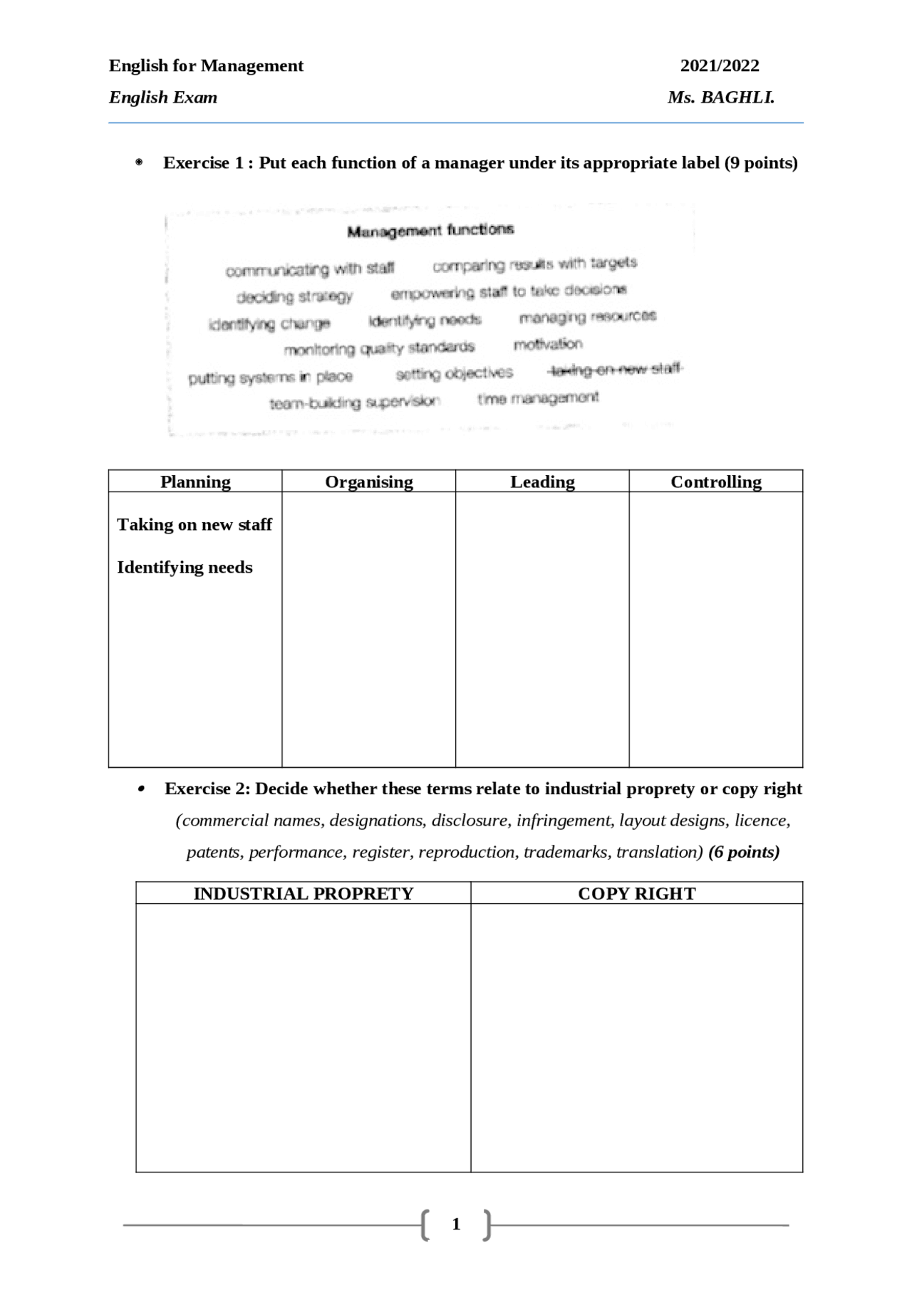 An English Exam For The First Semester Exams English Language Docsity