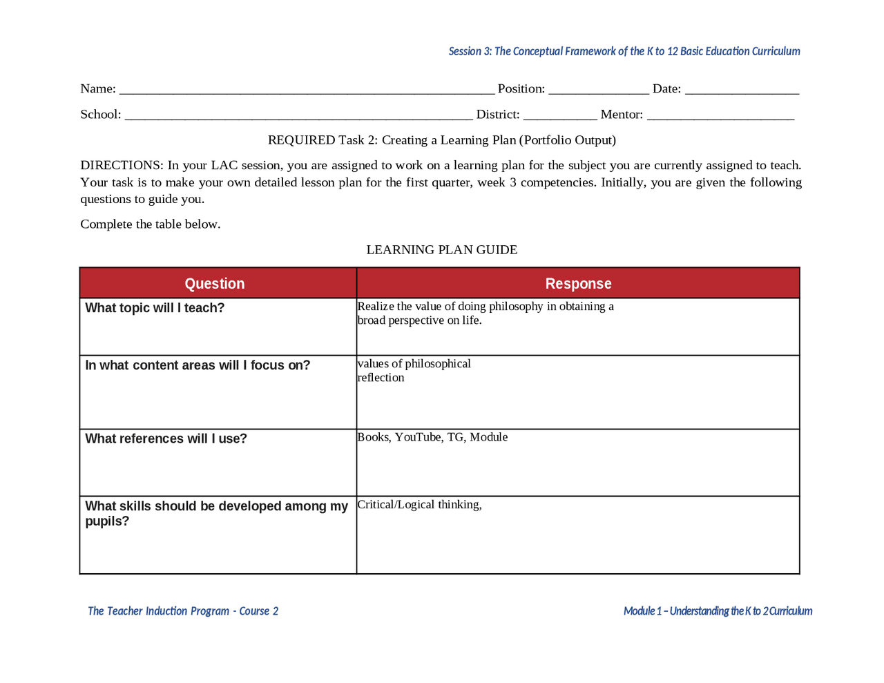 Teacher Induction Program Course 1 Permonce Tast Assignments English