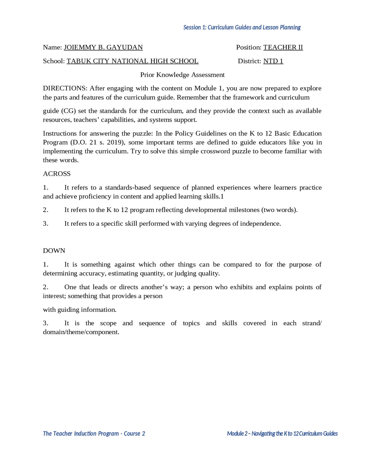 TEACHER INDUCTION PROGRAM COURSE 1 PERMONCE TAST | Assignments English | Docsity