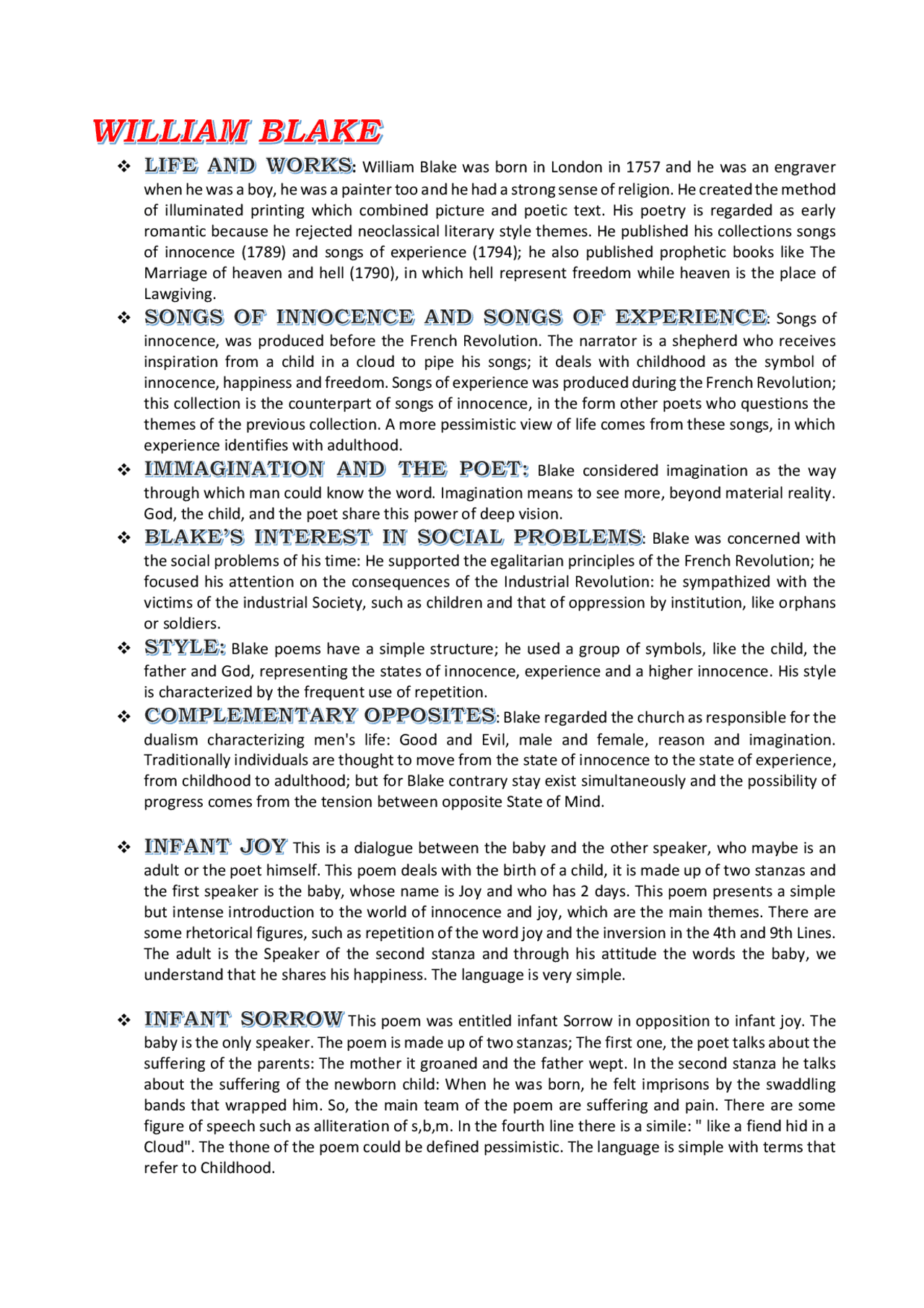 William Blake, Life and Works (Vita e Opere) | Appunti di Inglese | Docsity